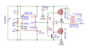 12V to 230V Inverter Circuit Diagram using 555 timer IC